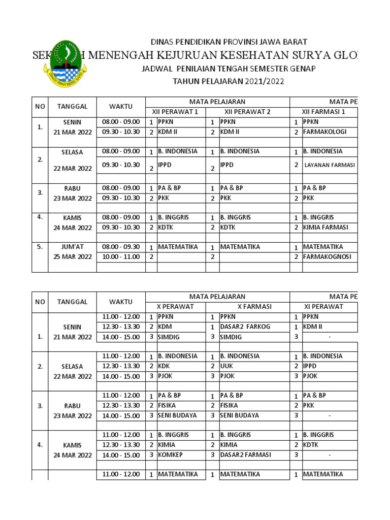 Format Contoh Jadwal Pts | PDF
