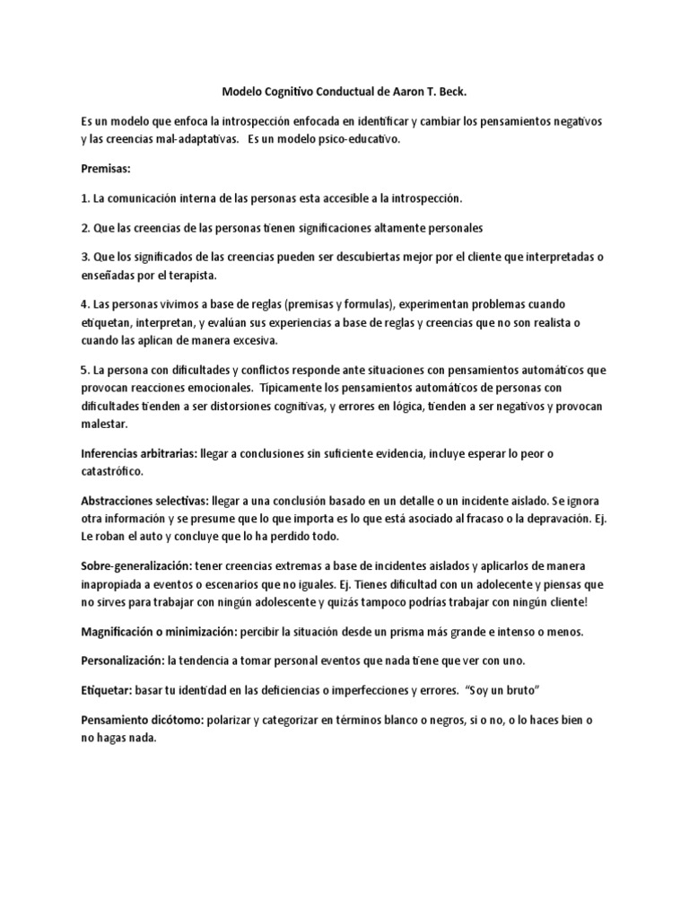Modelo Cognitivo Conductual de Aaron T Beck Revisado | PDF | Pensamiento | Terapia cognitiva