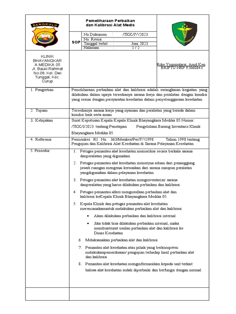 Sop Pemeliharaan Perbaikan Alat Dan Kalibrasi | PDF | Kesehatan Holistik | Teknologi & Rekayasa