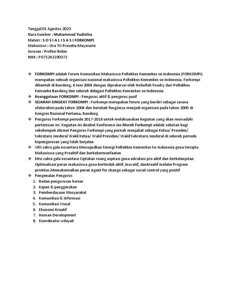 Sejarah dan Visi FORKOMPI Kemenkes | PDF | Politik | Ilmu Sosial