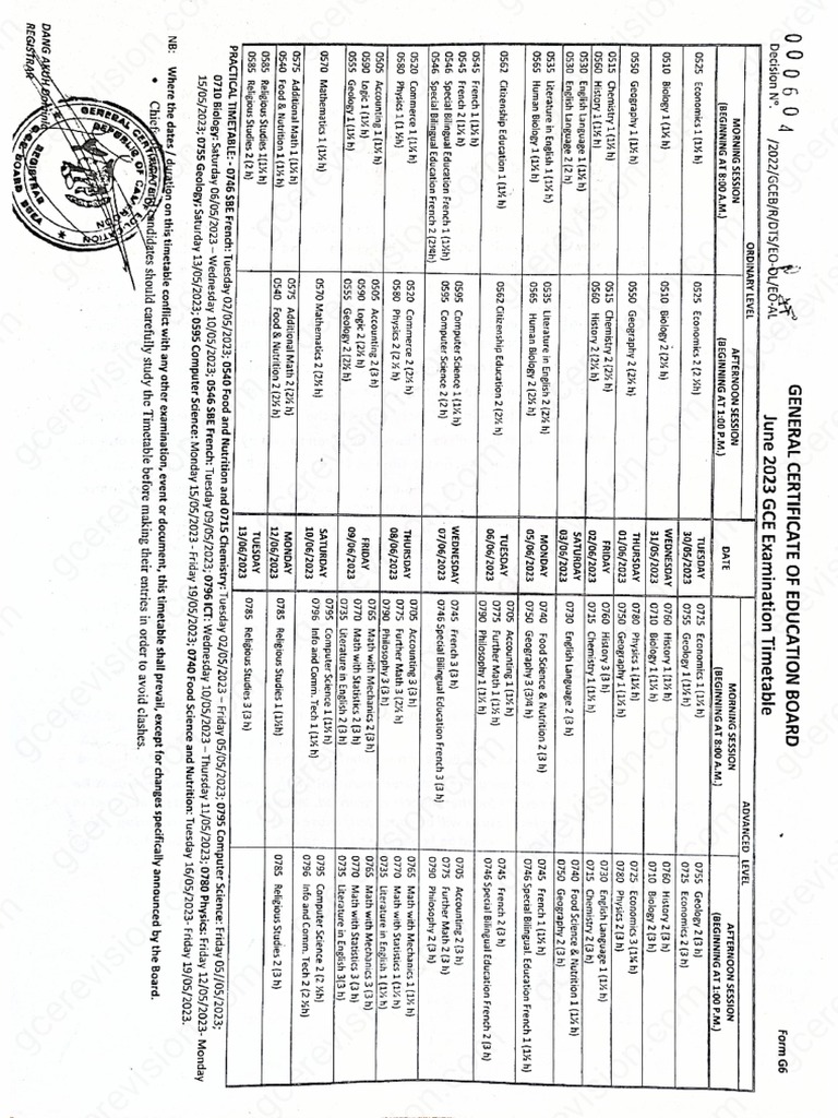 GCE 2023 Timetable-1 | PDF