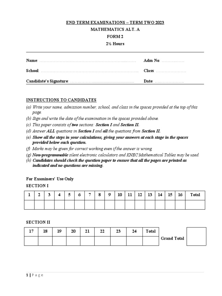 Form 2 Mathematics Exam Term 2 2023 | PDF | Area | Triangle
