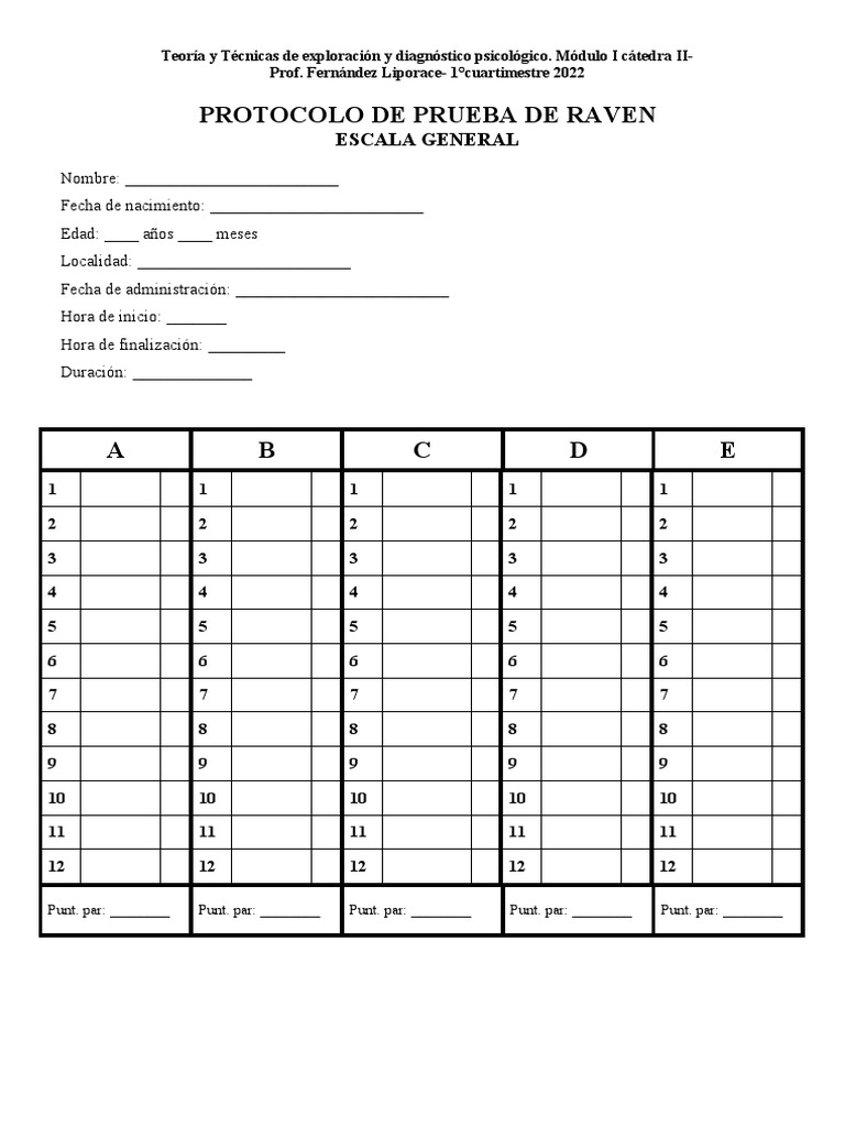 Protocolo. Registro de Respuestas RAVEN Escala General 2022 | PDF