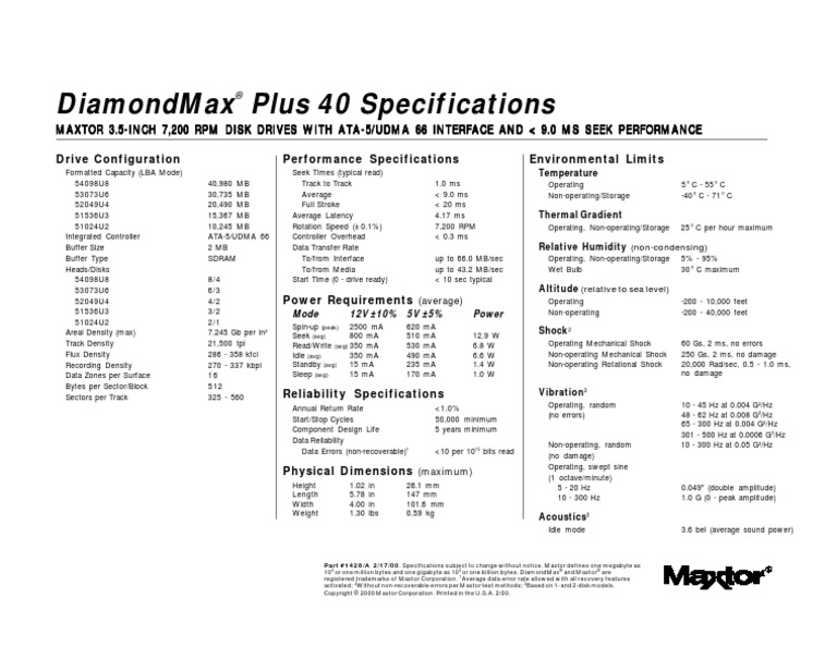 Maxtor Diamondmax 52094u4 Spec | PDF | Computer Architecture | Computer ...