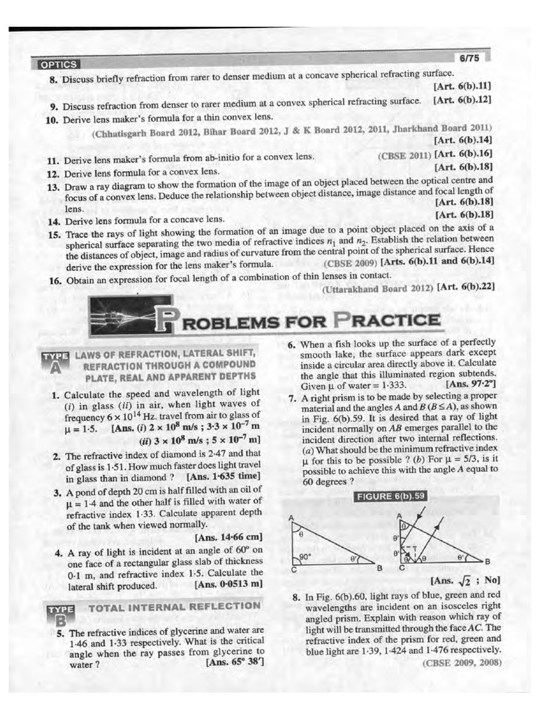 Ray Optics Numericals Pradeep | PDF