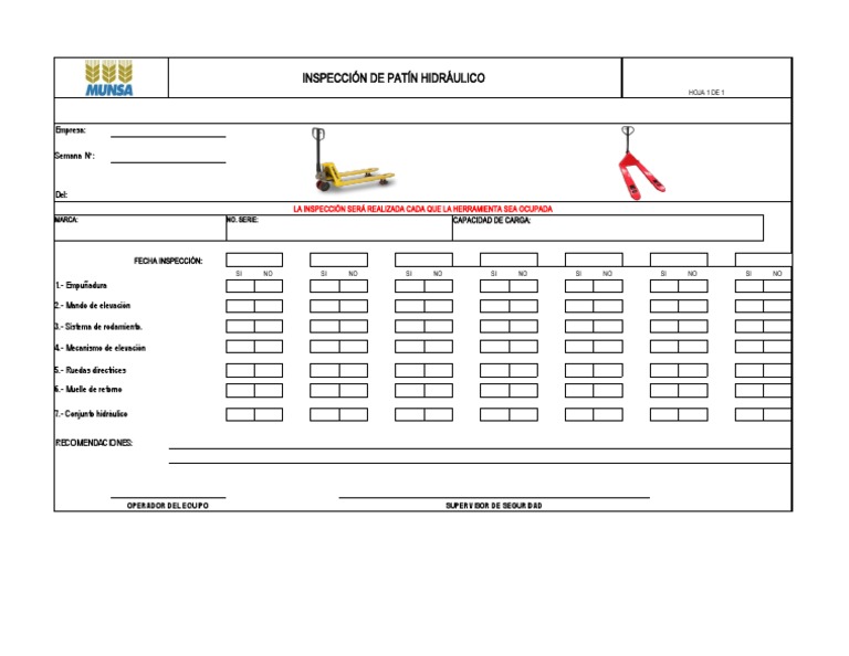 Checklist de Revision de Patin Hidraulico | PDF