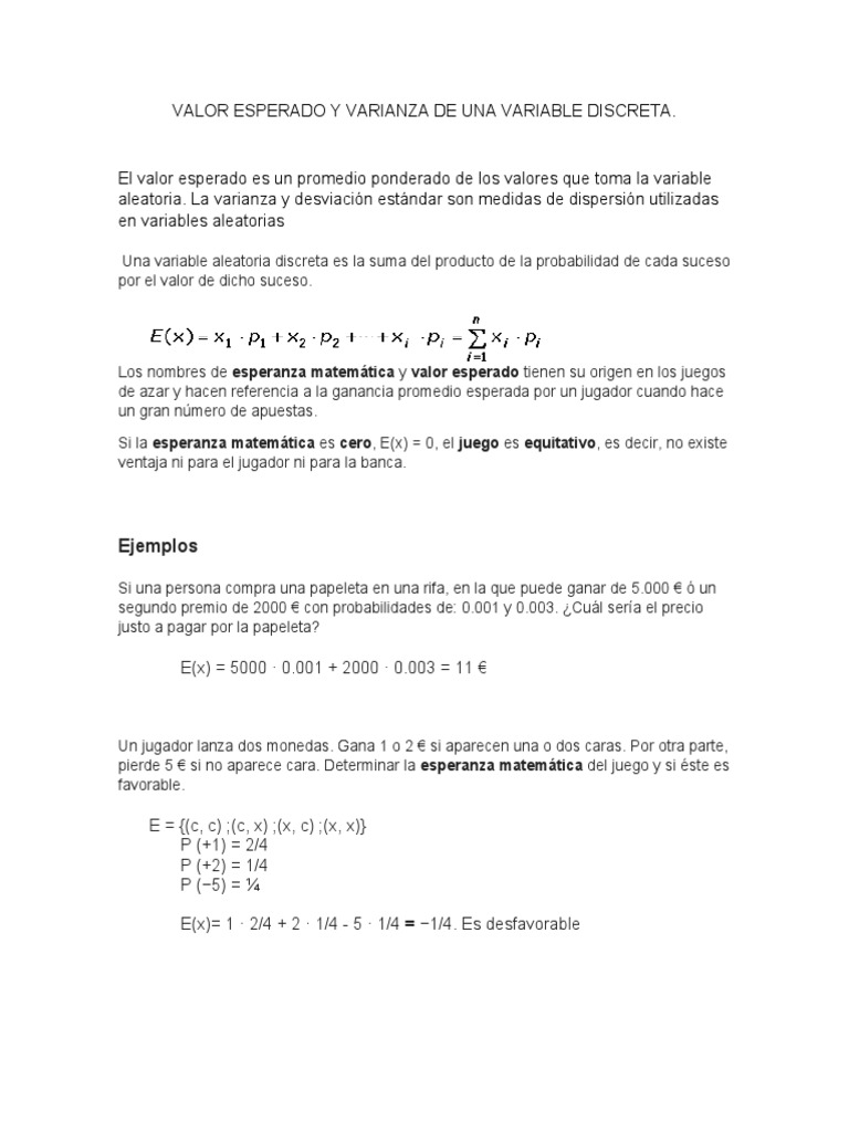 Valor Esperado y Varianza de Una Variable Discreta | PDF