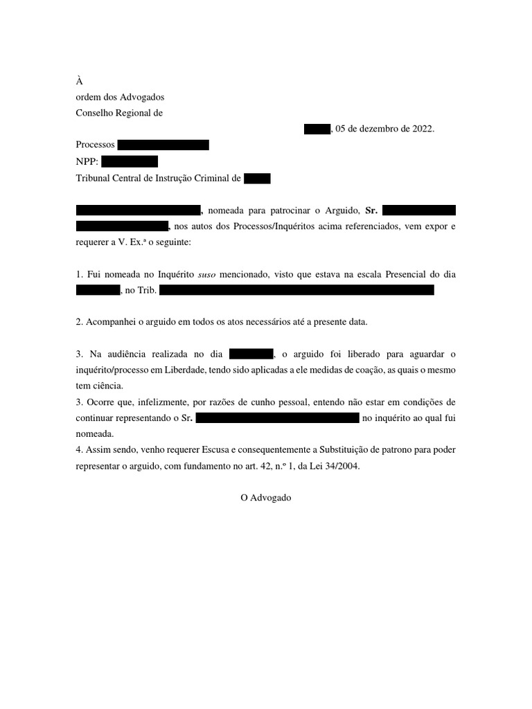 Pedido de Escusa - Modelo para Ordem | PDF