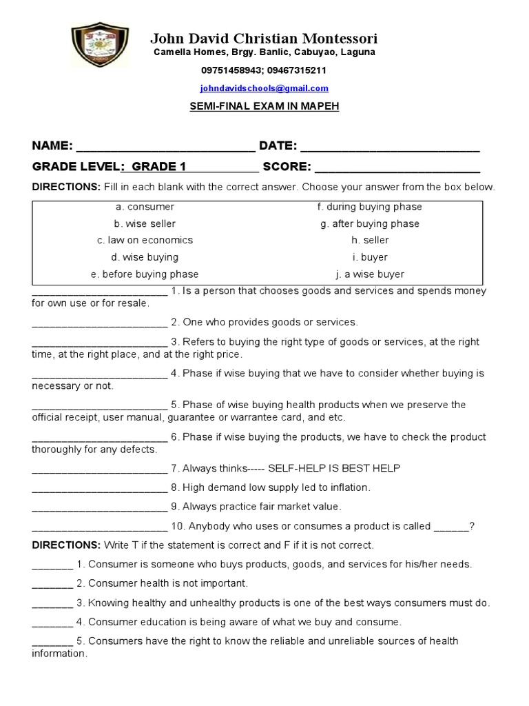 Grade 1 MAPEH Semi-Final Exam Guide | PDF