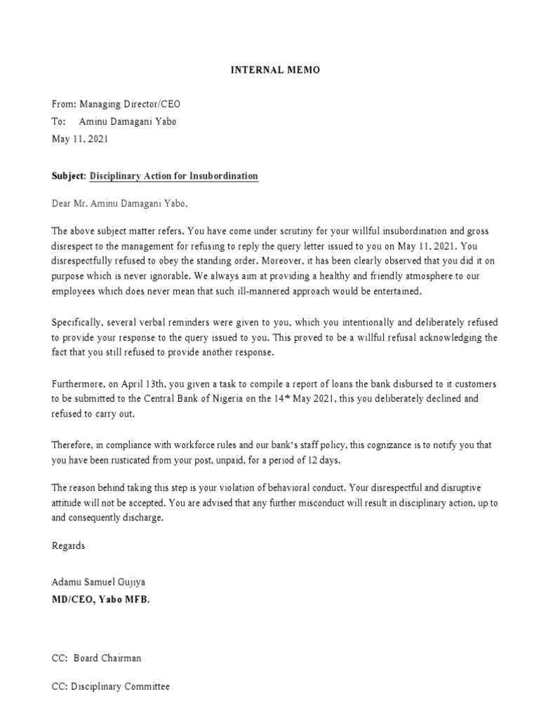 Disciplinary Action Letter For Insubordination | PDF