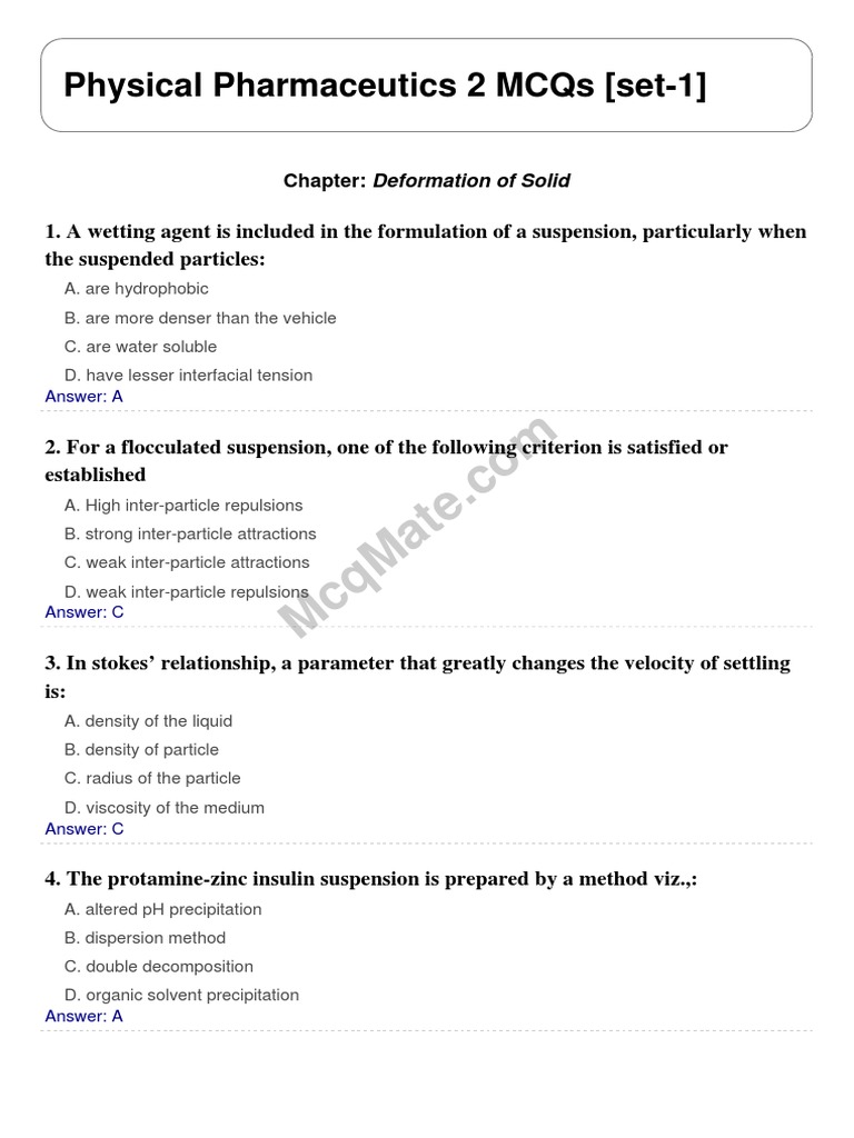 Physical Pharmaceutics 2 MCQs Overview | PDF | Suspension (Chemistry ...