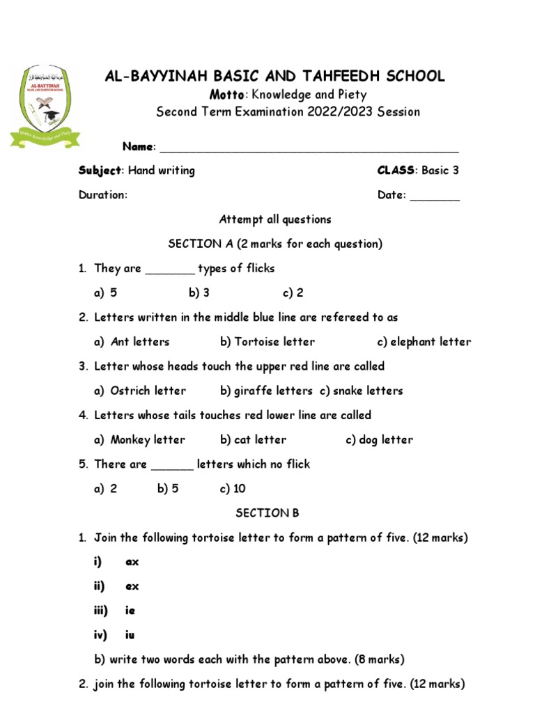Basic 3 Second Term Exam Papers | PDF