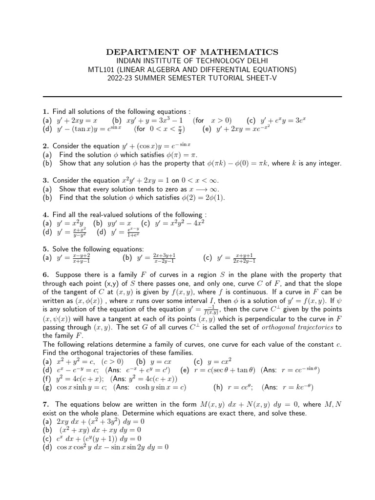 MTL101-Tutorial Sheet 5 | PDF | Equations | Applied Mathematics