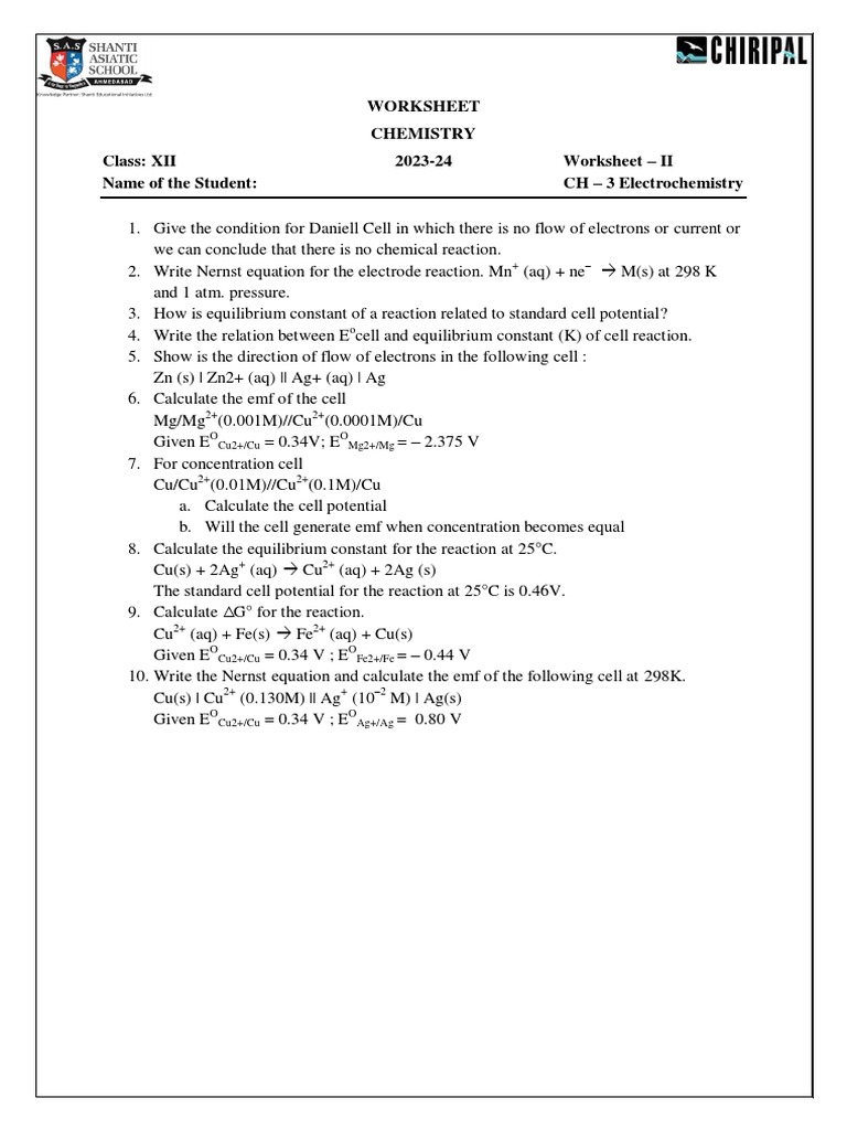 Electrochemistry Worksheet for Class XII | PDF | Science & Mathematics ...