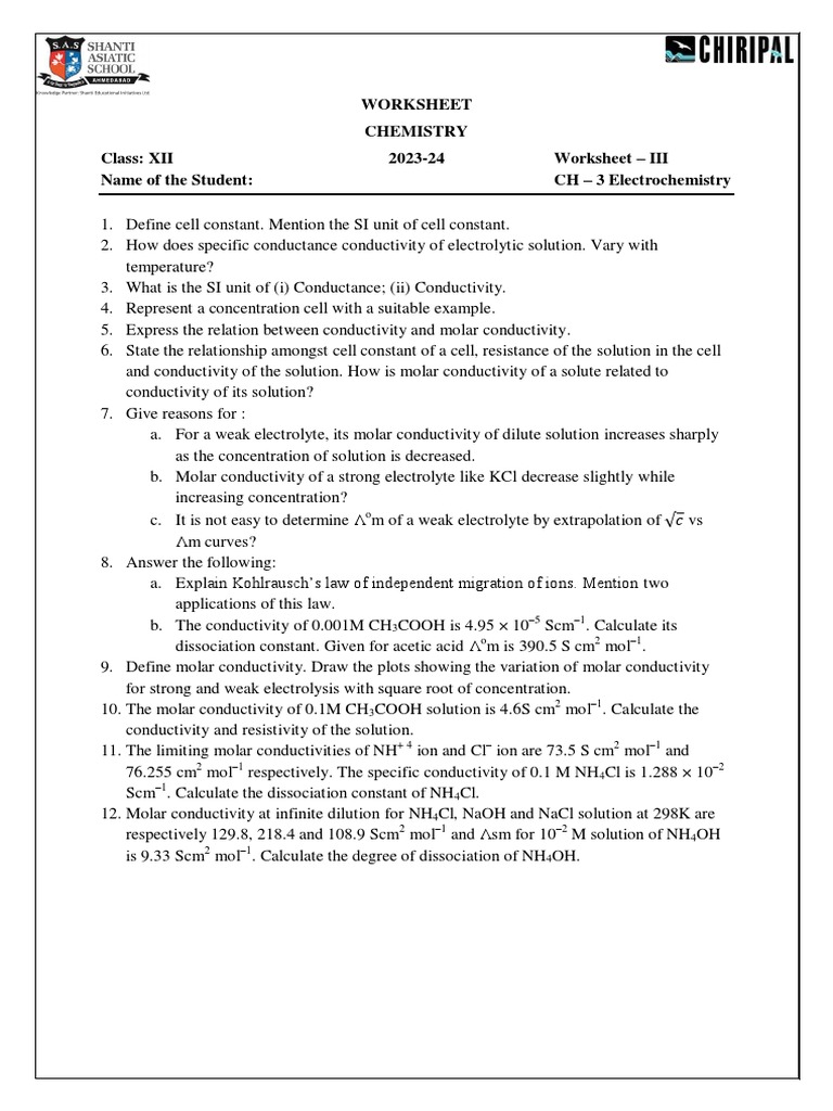 CH-3 Chemistry Worksheet - 3 | PDF