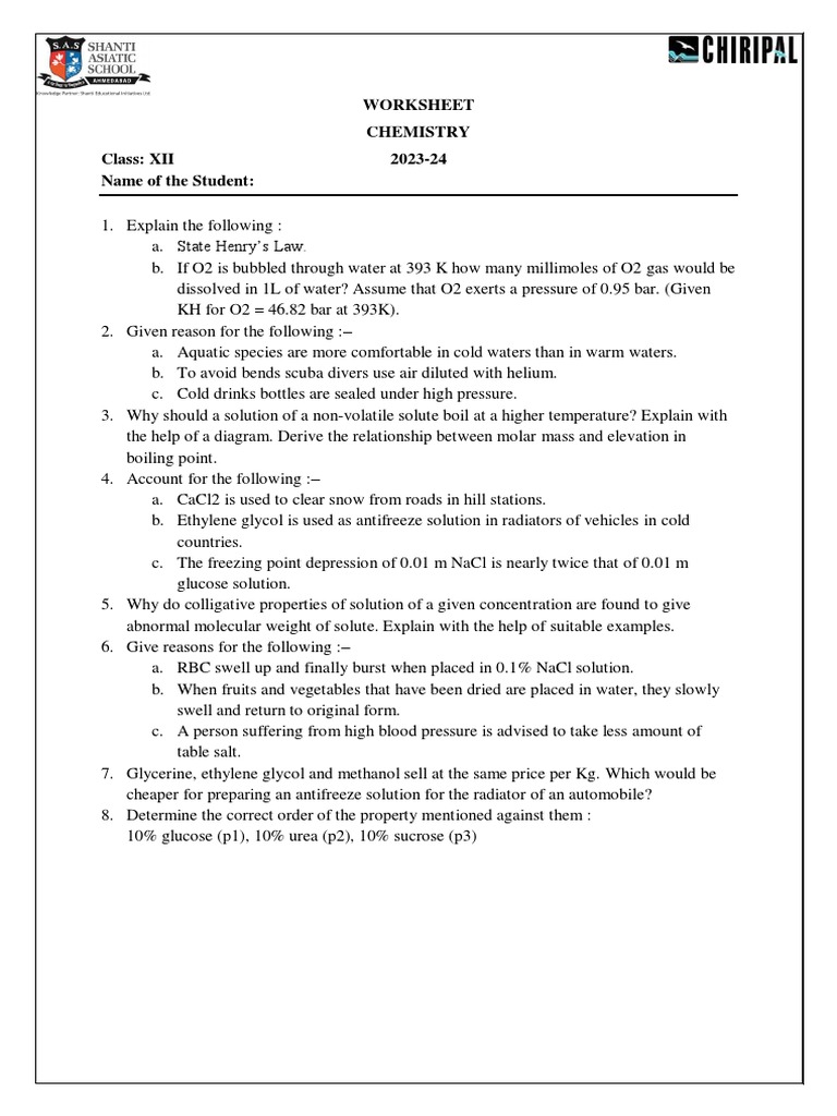 CH-2 CHEMISTRY WORKSHEET - 3 | PDF