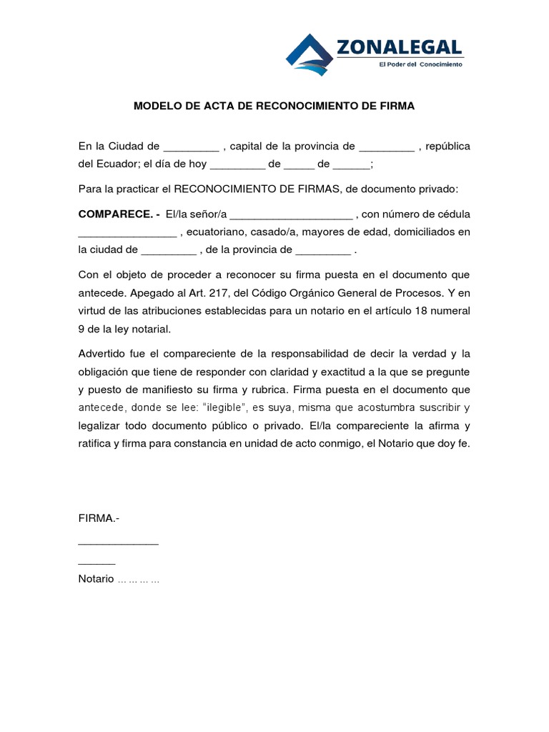 MODELO DE ACTA DE RECONOCIMIENTO DE FIRMA | PDF