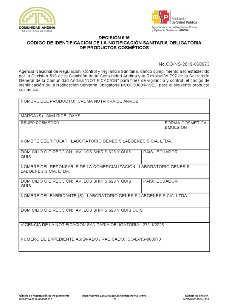 Certificado Sanitario - Oxys EC | PDF