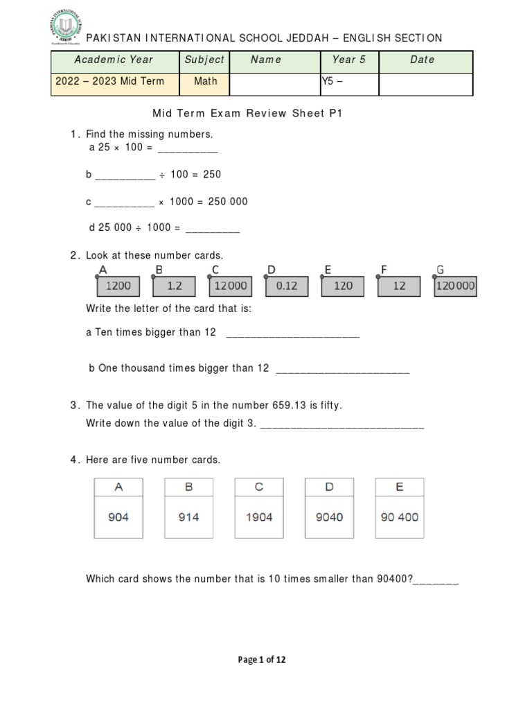Grade 5 Mid Term Math Review 2022-23 | PDF | Numbers | Triangle