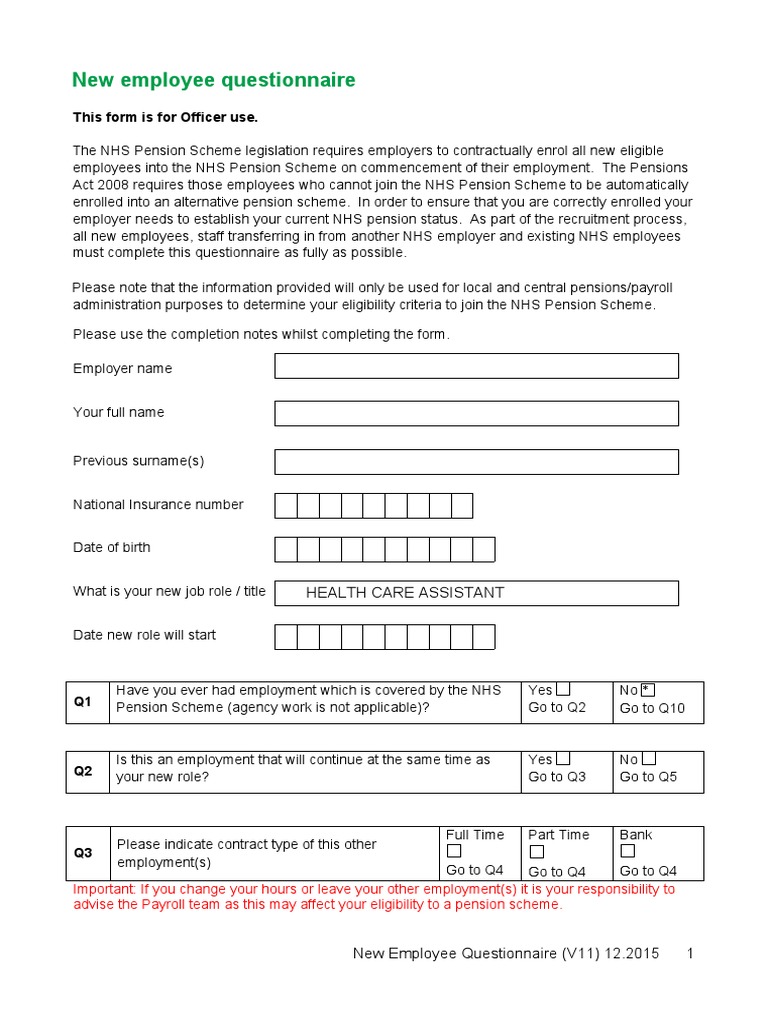 New - Employee - Questionnaire 2015 - Word Format.. | PDF | Pension ...