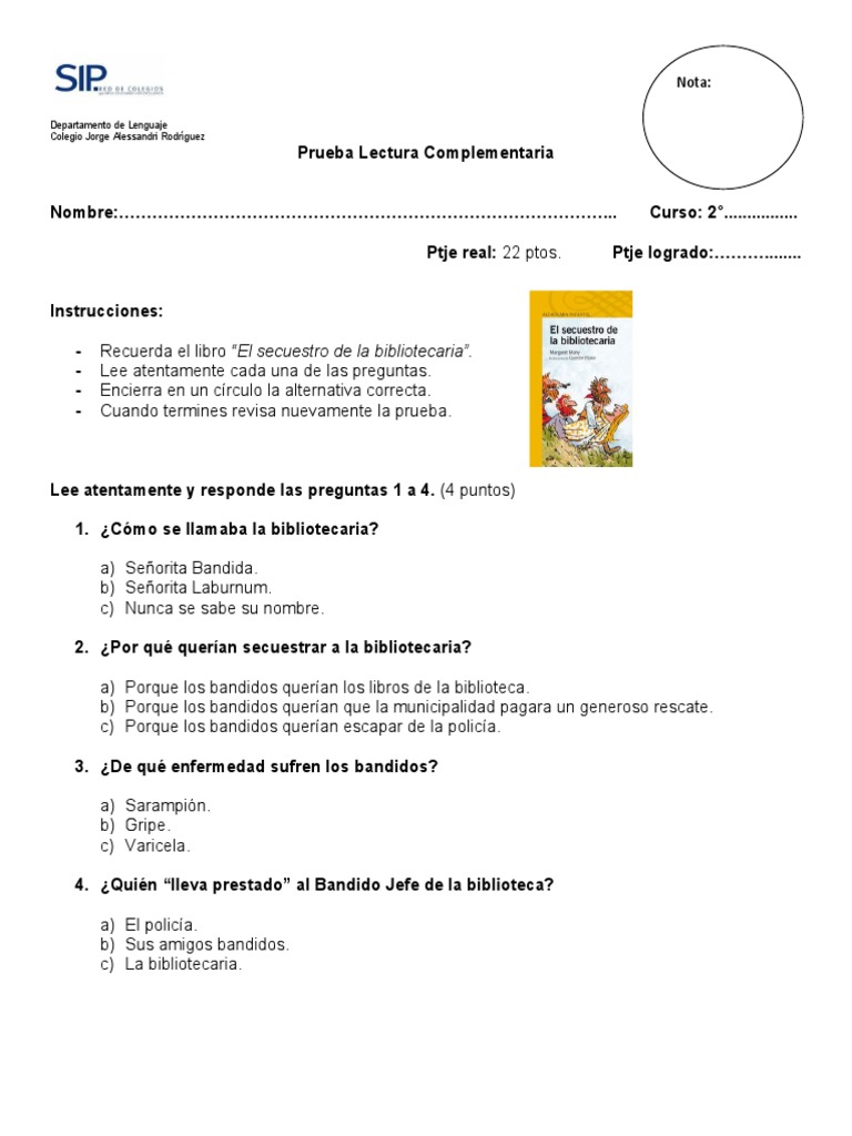 Prueba El Secuestro de La Bibliotecaria | PDF Prueba El Secuestro de La Bibliotecaria | PDF