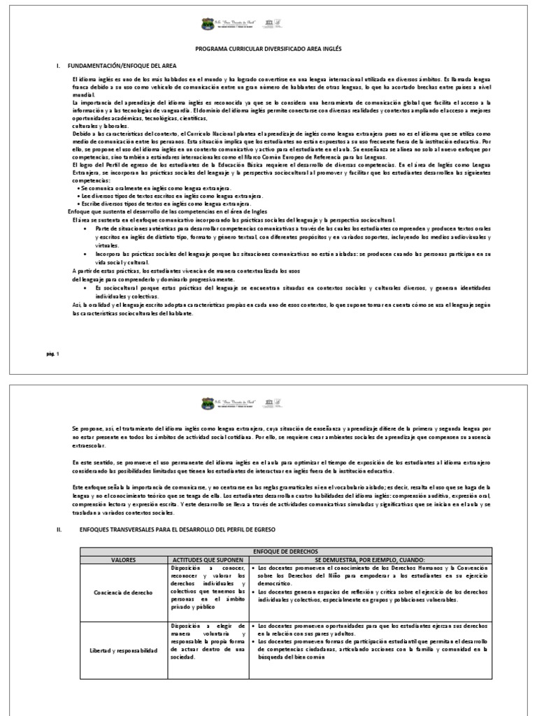 Matriz Programa Curricular Diversificado INGLÉS | PDF | Segundo ...