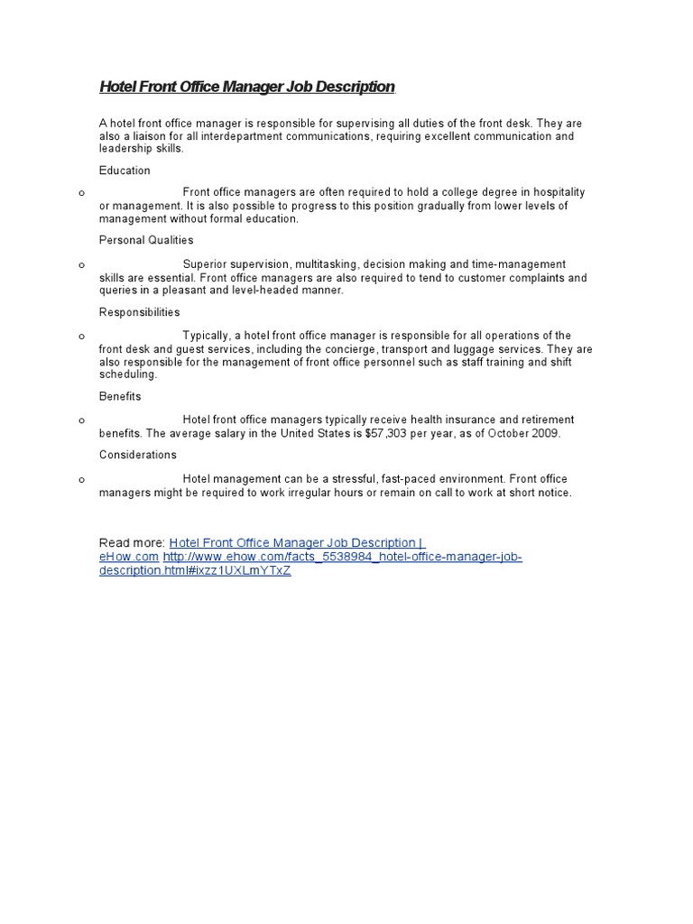 Hotel Front Office Manager Role | PDF | Business