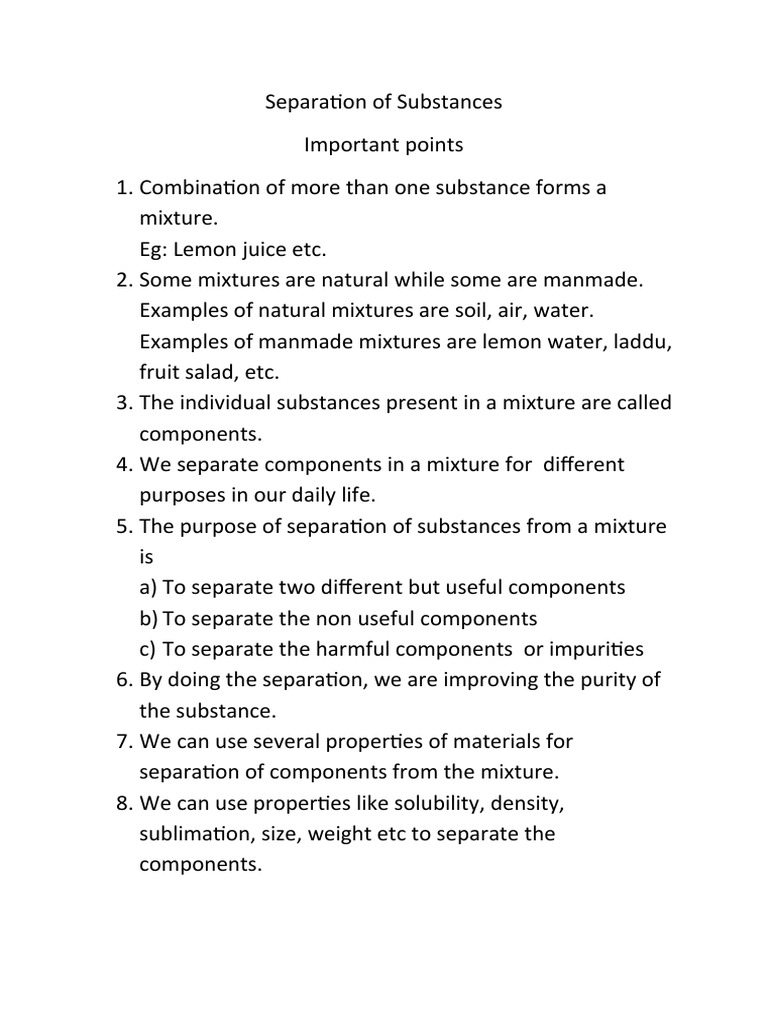 Separation of Substances Class 6 Notes | PDF