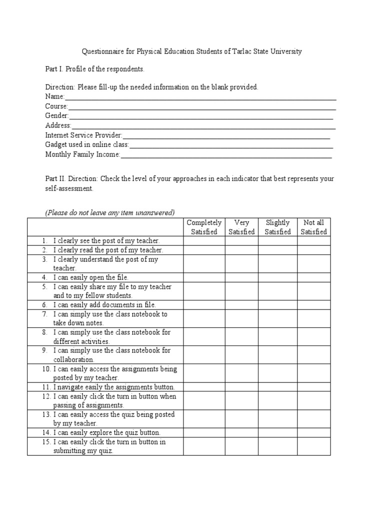 Questionnaire For Physical Education Students of Tarlac State ...