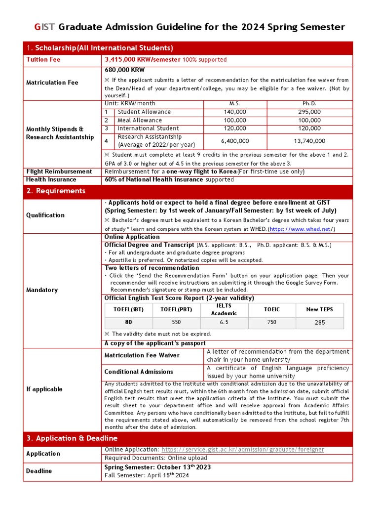GIST Graduate Admission Guidelines 2024 | PDF | University And College ...