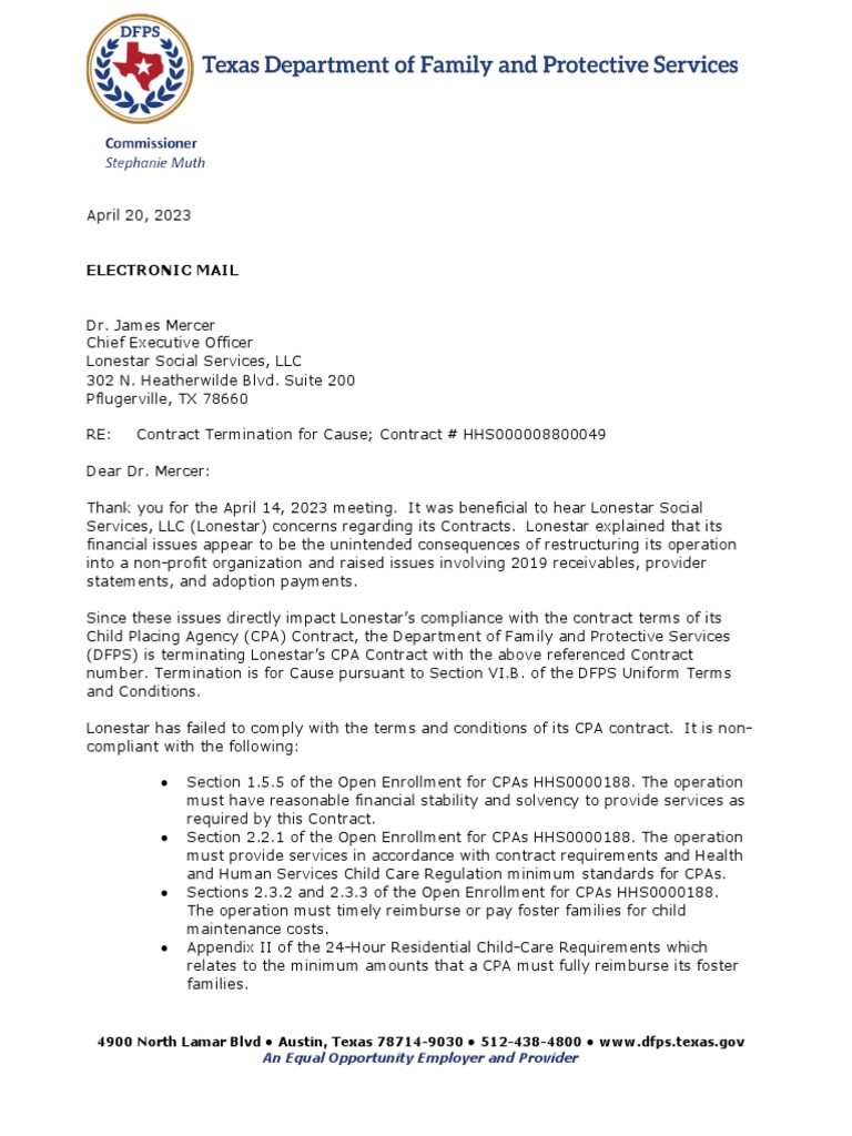 Lonestar Termination Letter - DFPS | PDF | Certified Public Accountant ...