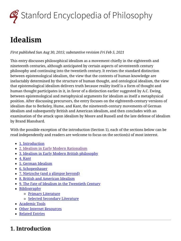 Idealism (Stanford Encyclopedia of Philosophy) | PDF