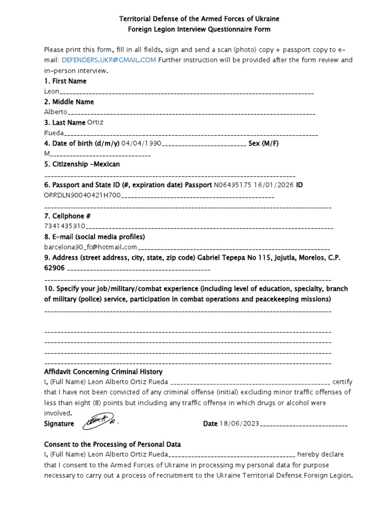 International_Legion_Application_Form (word version) | PDF | Passport ...