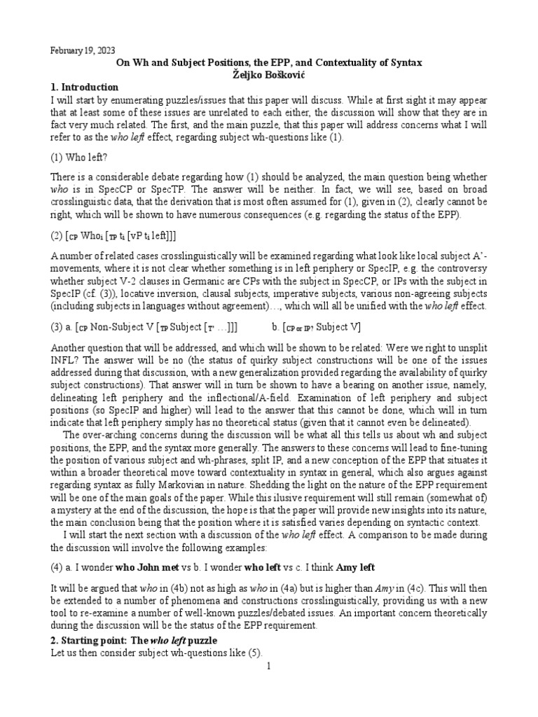 On WH and Subject Positions, The EPP, and Contextuality of Syntax | PDF