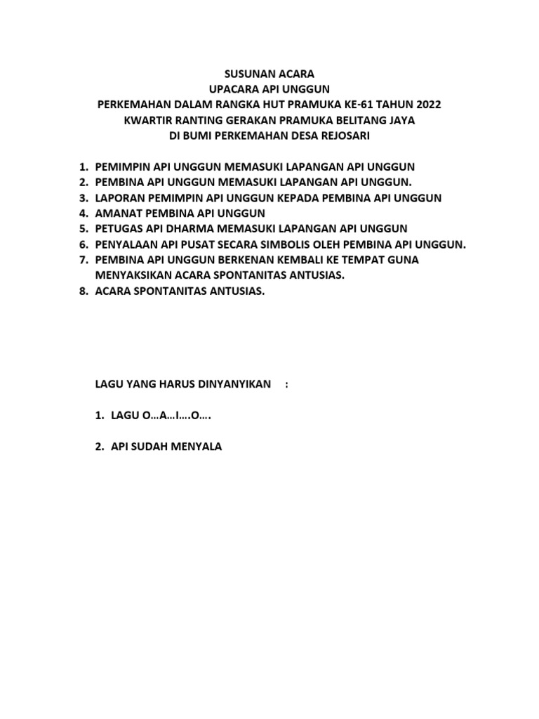 Acara Api Unggun HUT Pramuka 2022 | PDF