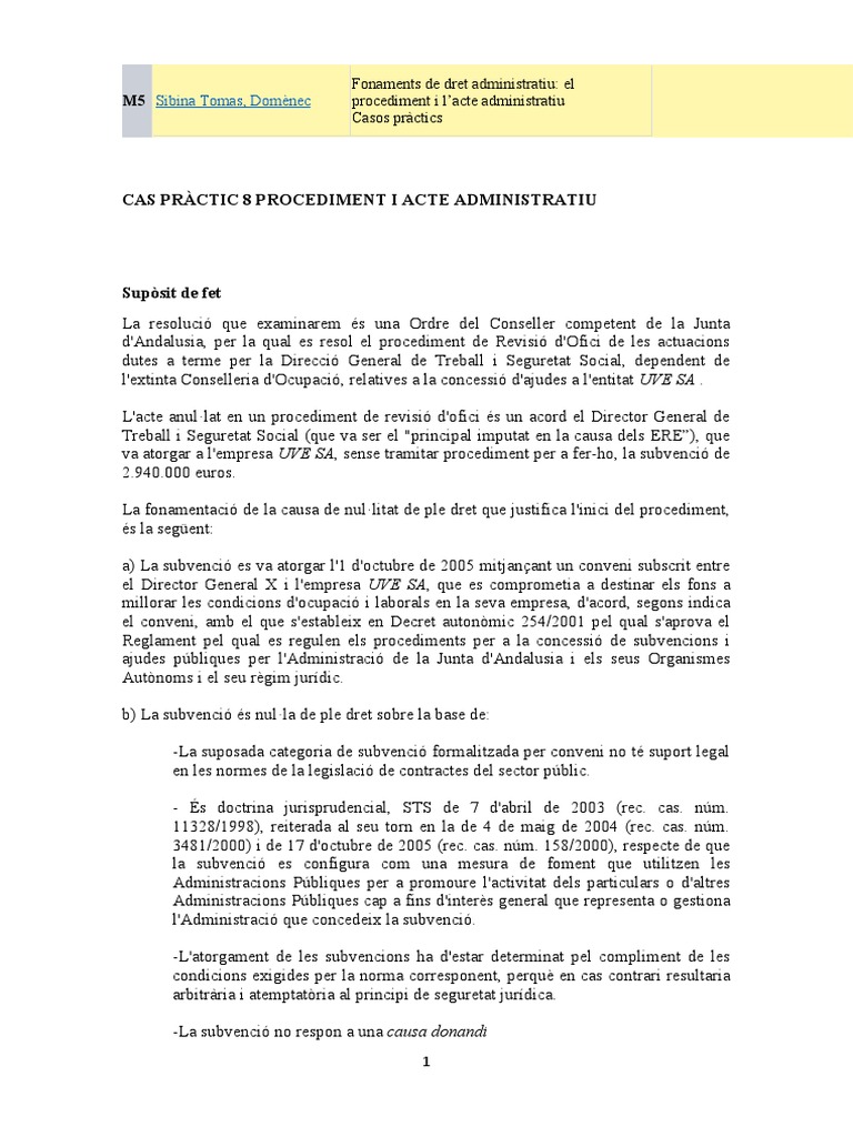 Cas Pràctic 8 Procediment I Acte Administratiu | PDF
