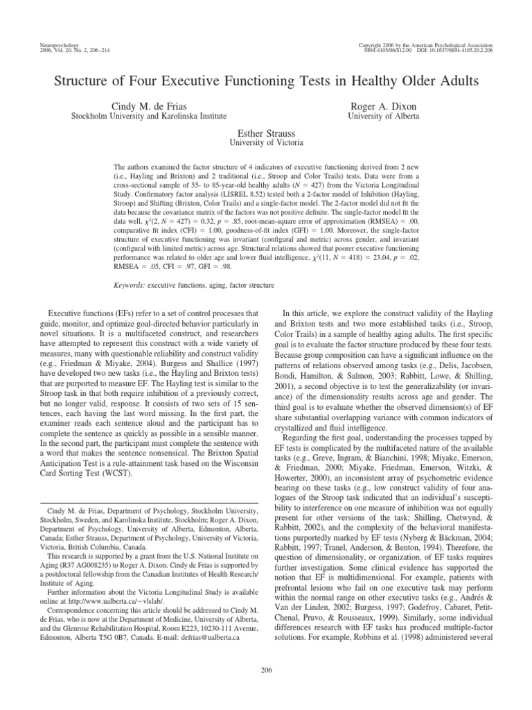 Structure of Four Executive Functioning Tests - Hayling e Stroop | PDF