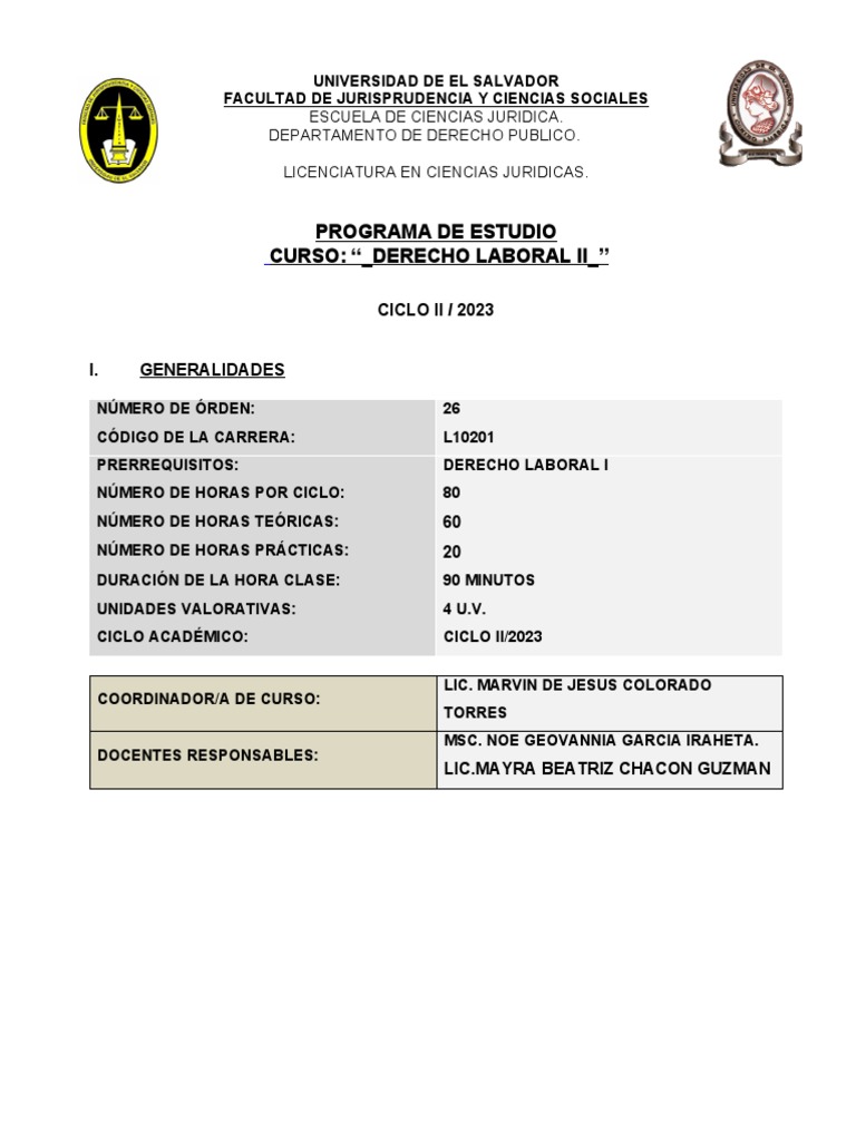 Programa de Estudio de Derecho Laboral Ii Ciclo Ii 2023 | PDF | Tratado | Acuerdo colectivo