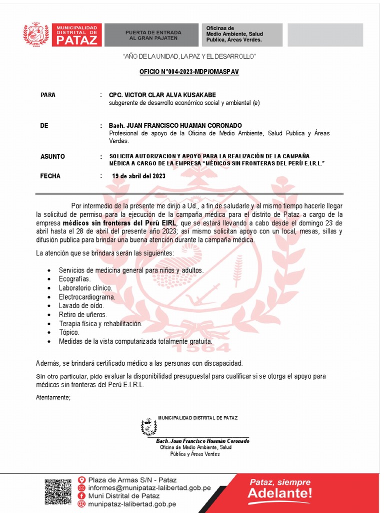 Oficio 004 . - SOLICITA AUTORIZACION MEDICOS SIN FRONTERAS | PDF | Programas sociales | Cuidado ...