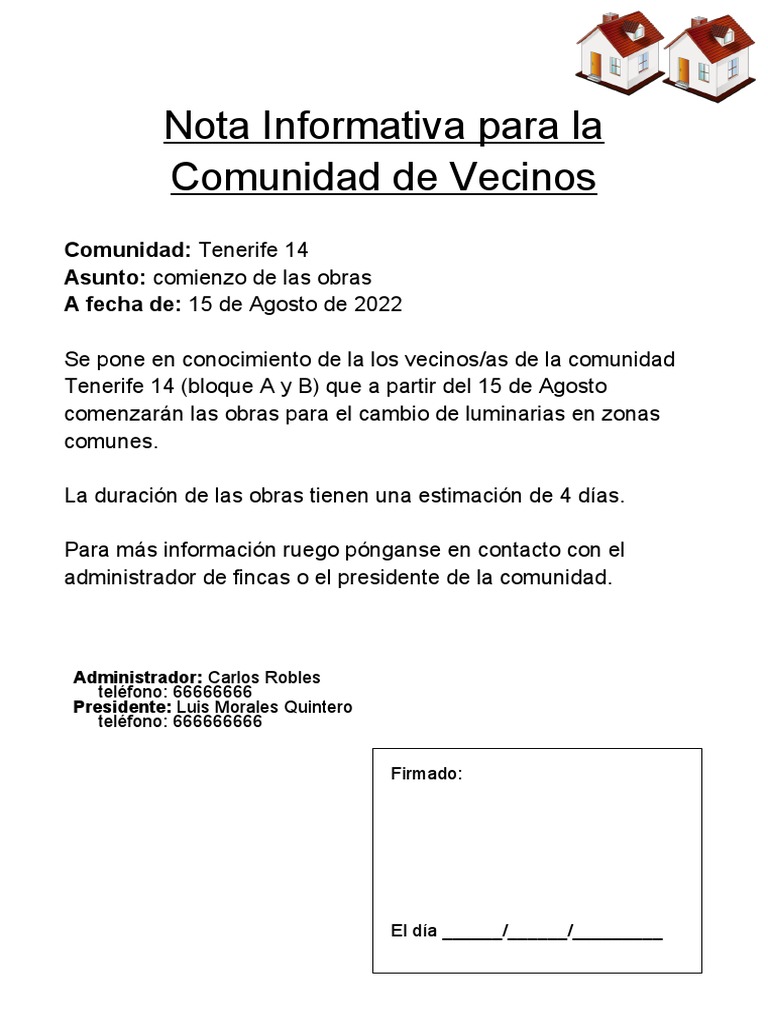 Modelo Nota Informativa Comunidad Vecinos | PDF
