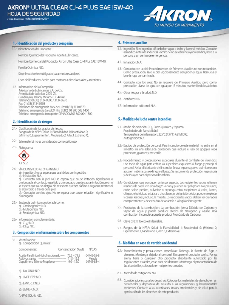 195 MSDS Akron Ultra Clear CJ-4 HOJA DE DATOS DE SEGURIDAD | PDF | Agua | Combustión