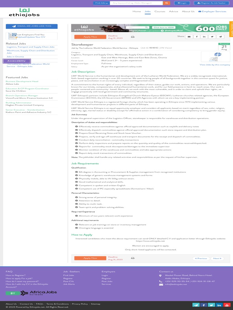 Storekeeper Job at The Lutheran World Federation World Service - Ethiopia - Ethiojobs | PDF