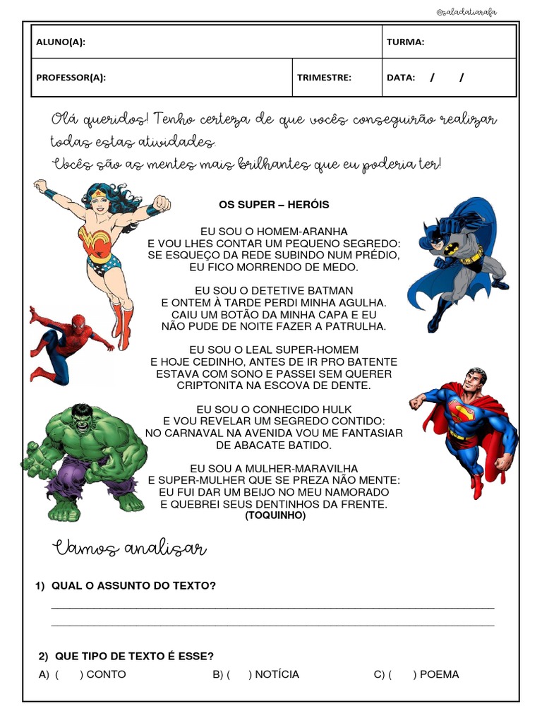 Atividade LINGUA PORTUGUESA SUPER HEROIS | PDF