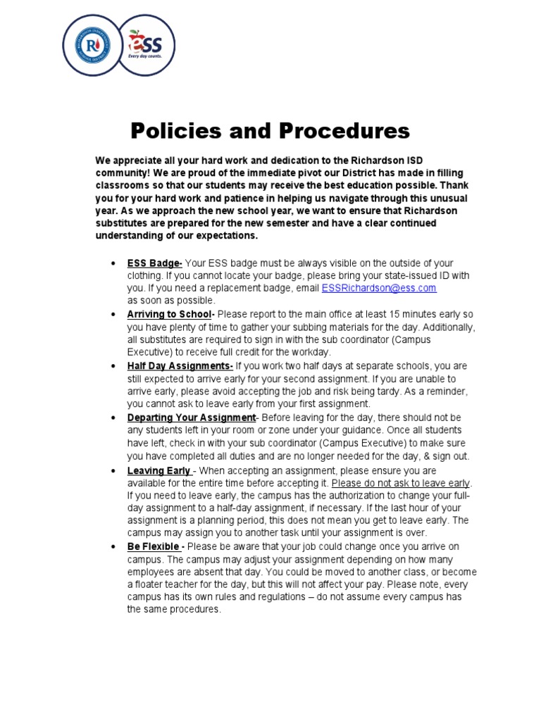 ESS Polices and Procedures 2023-2024 RISD | PDF