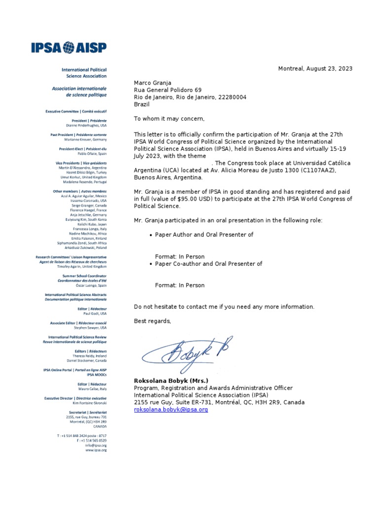 2 IPSA Official Participation Letter Marco Granja | PDF