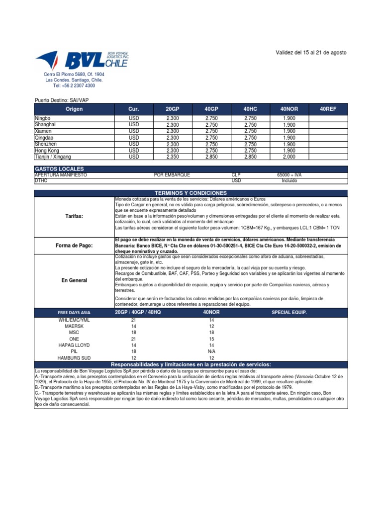 TARIFAS FCL ASIA - SAI-VAP - BVL CHILE - 15 Al 21 de Agosto 2023 | PDF | Dólar de los Estados ...