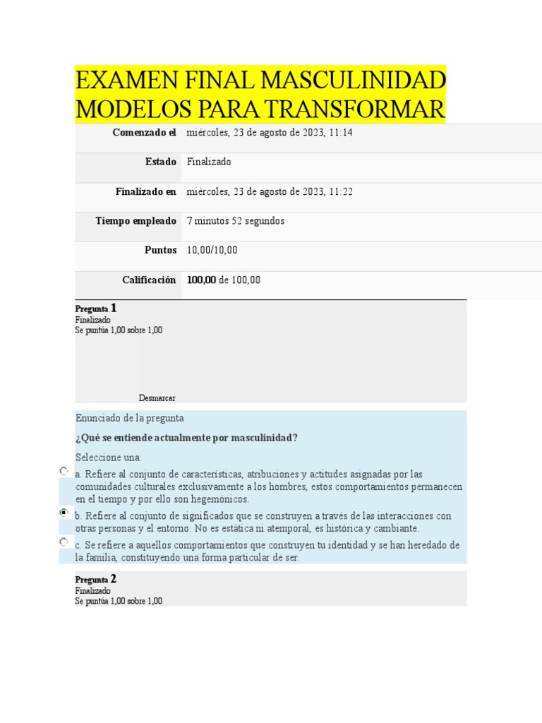 Examen Final Masculinidad Modelos para Transformar | PDF Examen Final Masculinidad Modelos para Transformar | PDF
