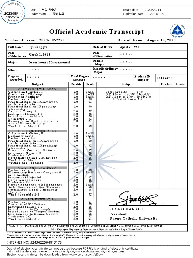 Daegu Catholic University Transcript | PDF