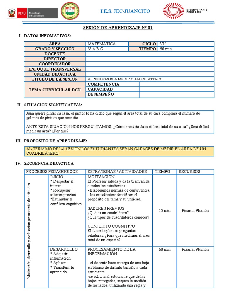 Sesión de Aprendizaje Matematica | PDF | Evaluación | Aprendizaje