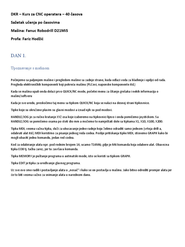 DKR Kurs CNC Programer - Sažetak Dana | PDF